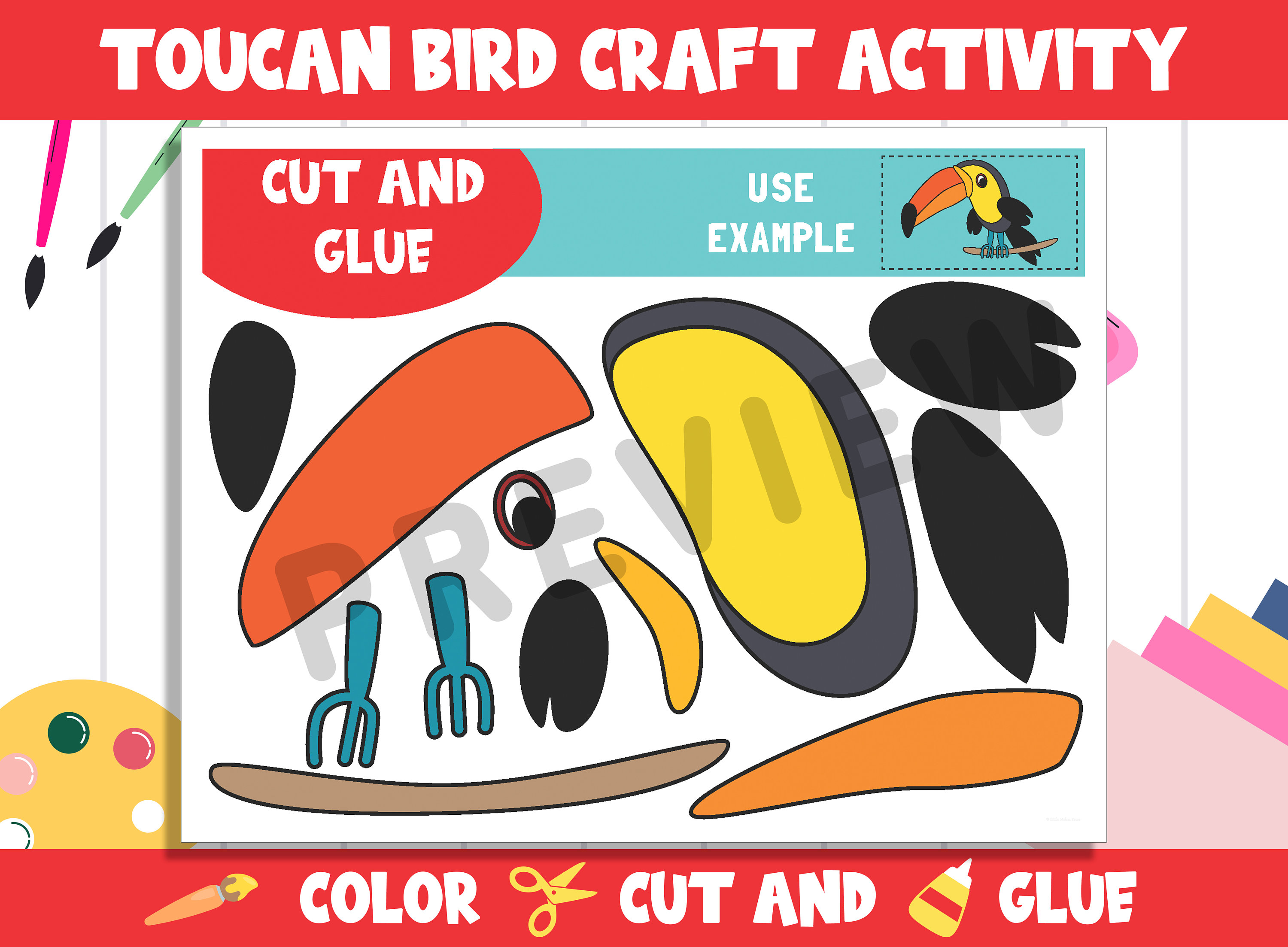 Cute Toucan Bird Craft Activity Color, Cut, and Glue for Prek to 2nd ...
