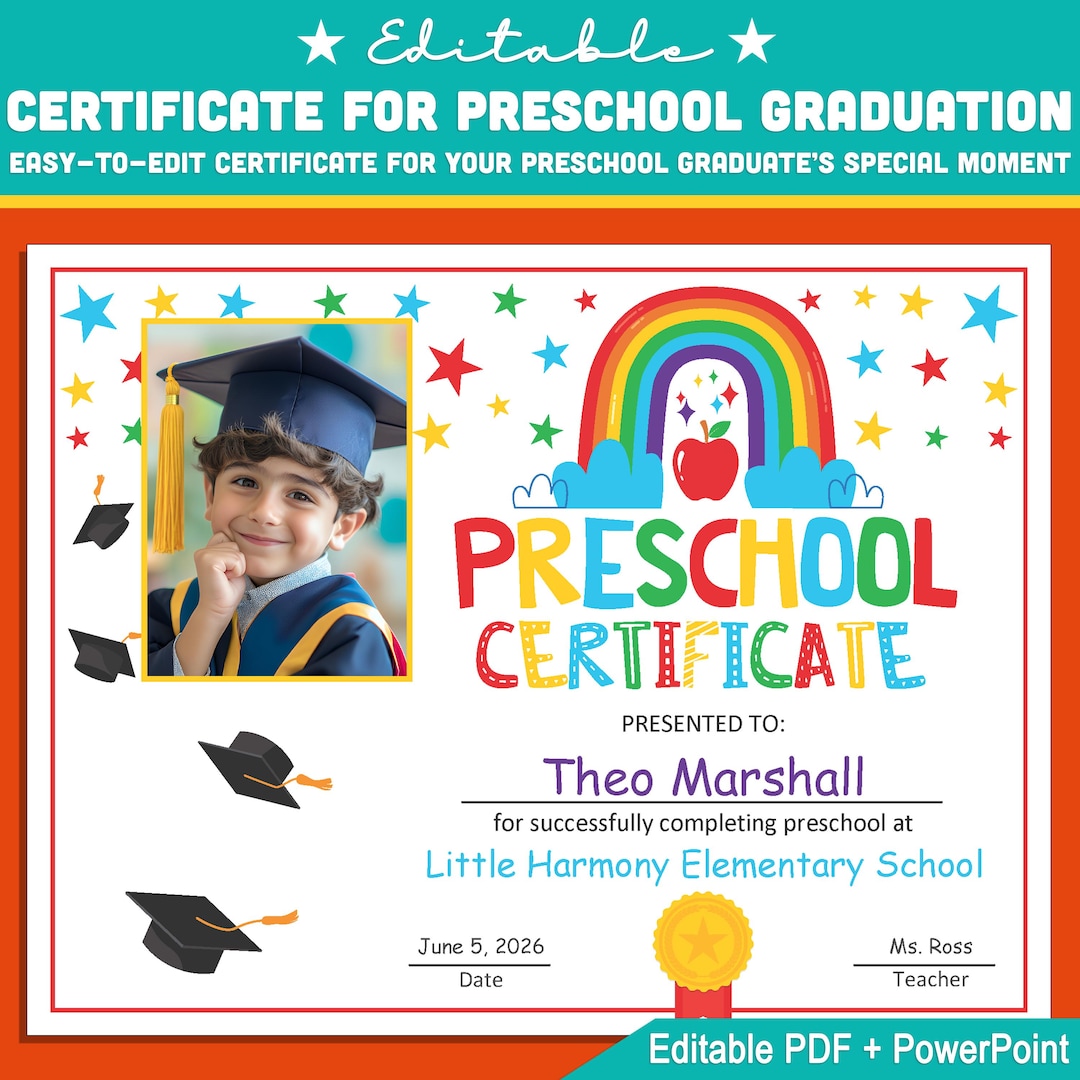 Preschool Graduation Certificate Template With Photo: Editable Letter ...
