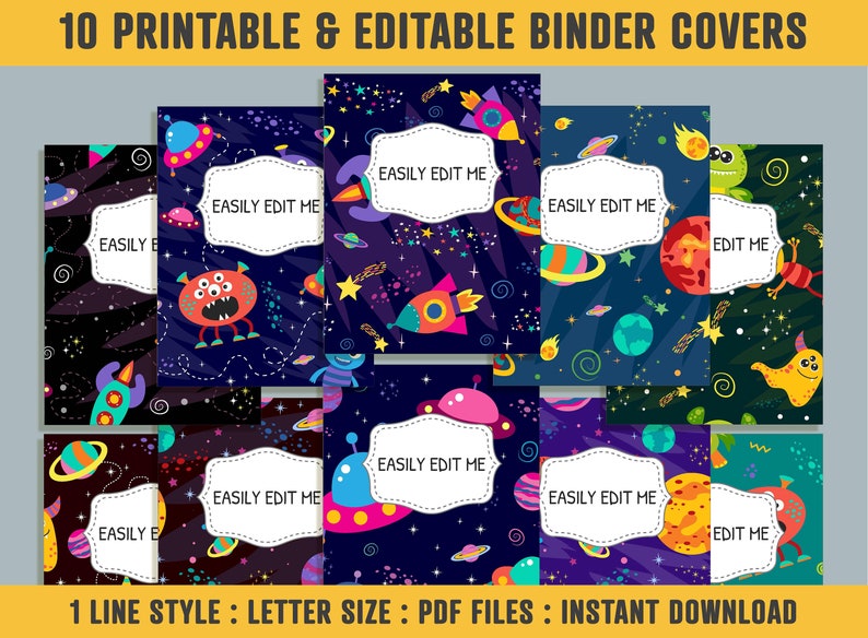 Space, Planets, Rockets, Aliens Binder Cover, 10 Printable & Editable ...