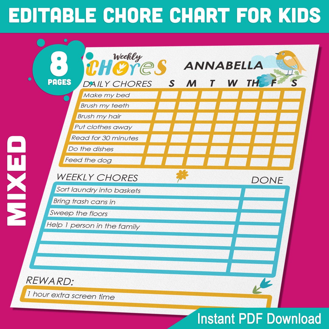 Fun and Easy Editable Chore Chart for 3-5 Year Olds: Encourage ...