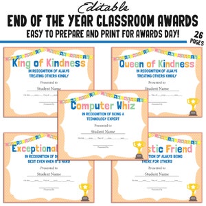 Printable & Editable End of Year Awards Certificates, 26 Pages, PDF ...