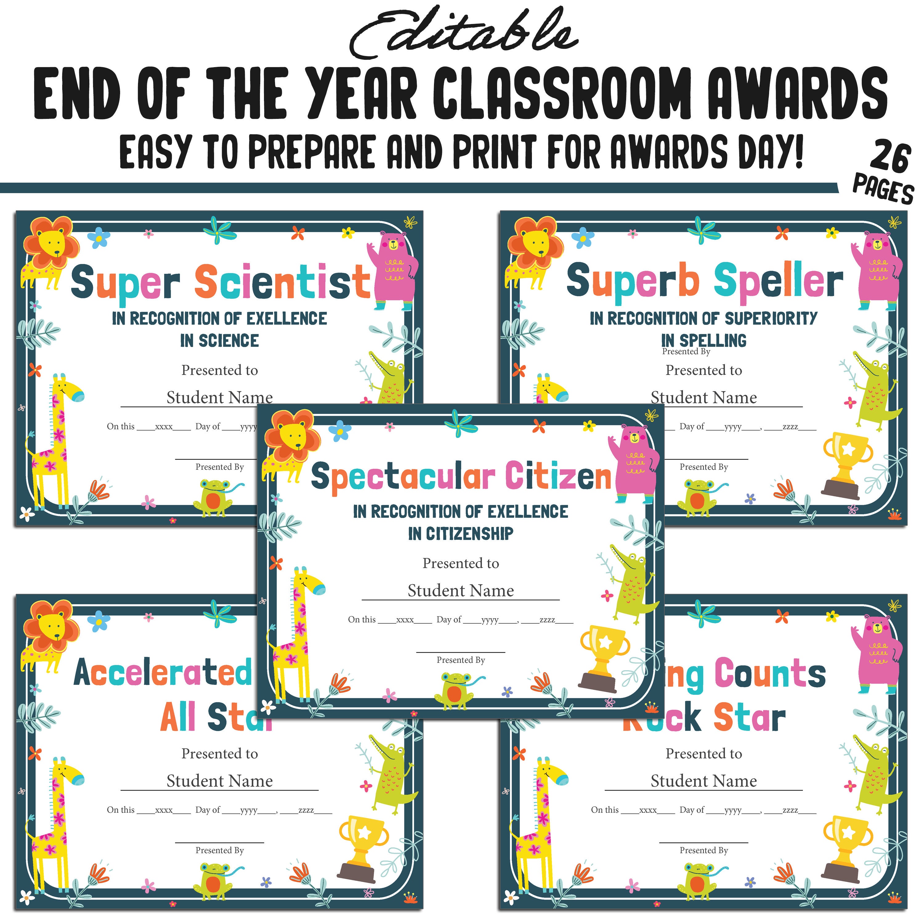 Printable & Editable Class Superlative Fun Classroom Awards for the End ...