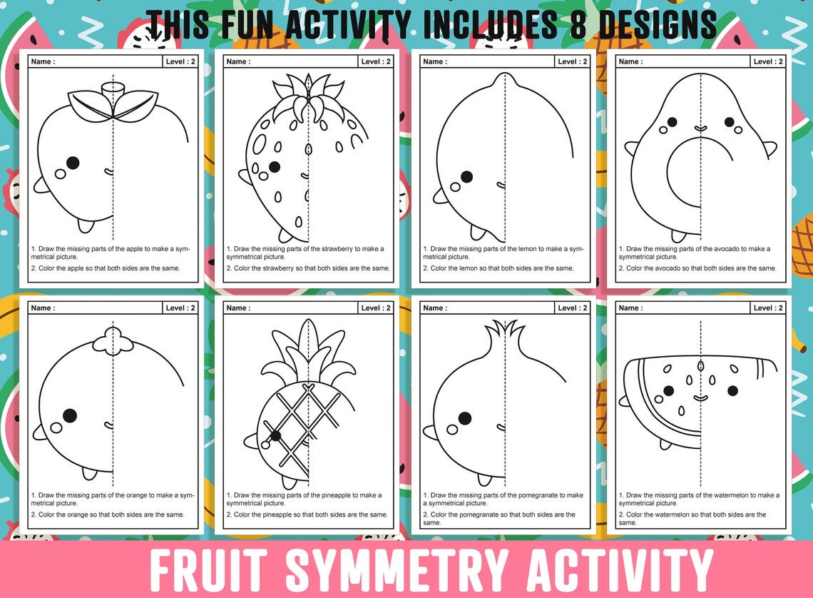 Fruit Symmetry Worksheet Fruit Theme Lines of Symmetry - Etsy