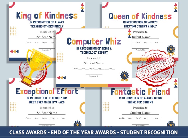 Editable Classroom Awards for Middle and High School Students, End of ...