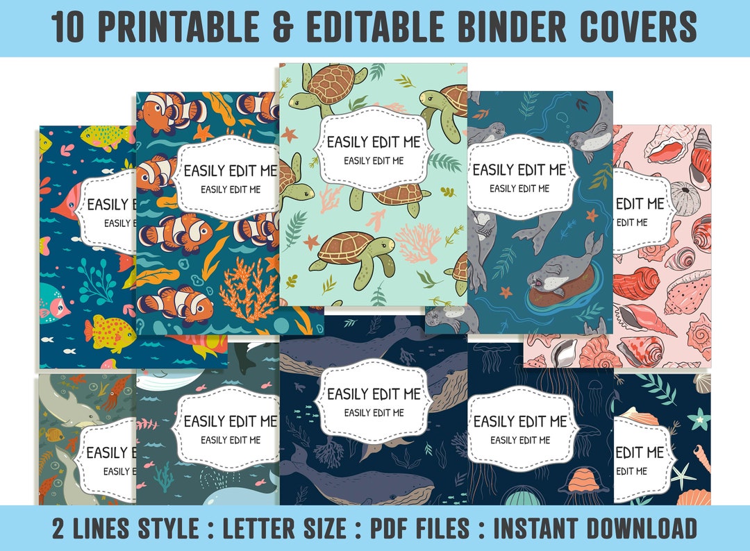 Sea Life Pattern Binder Cover, 10 Printable/editable Binder ...
