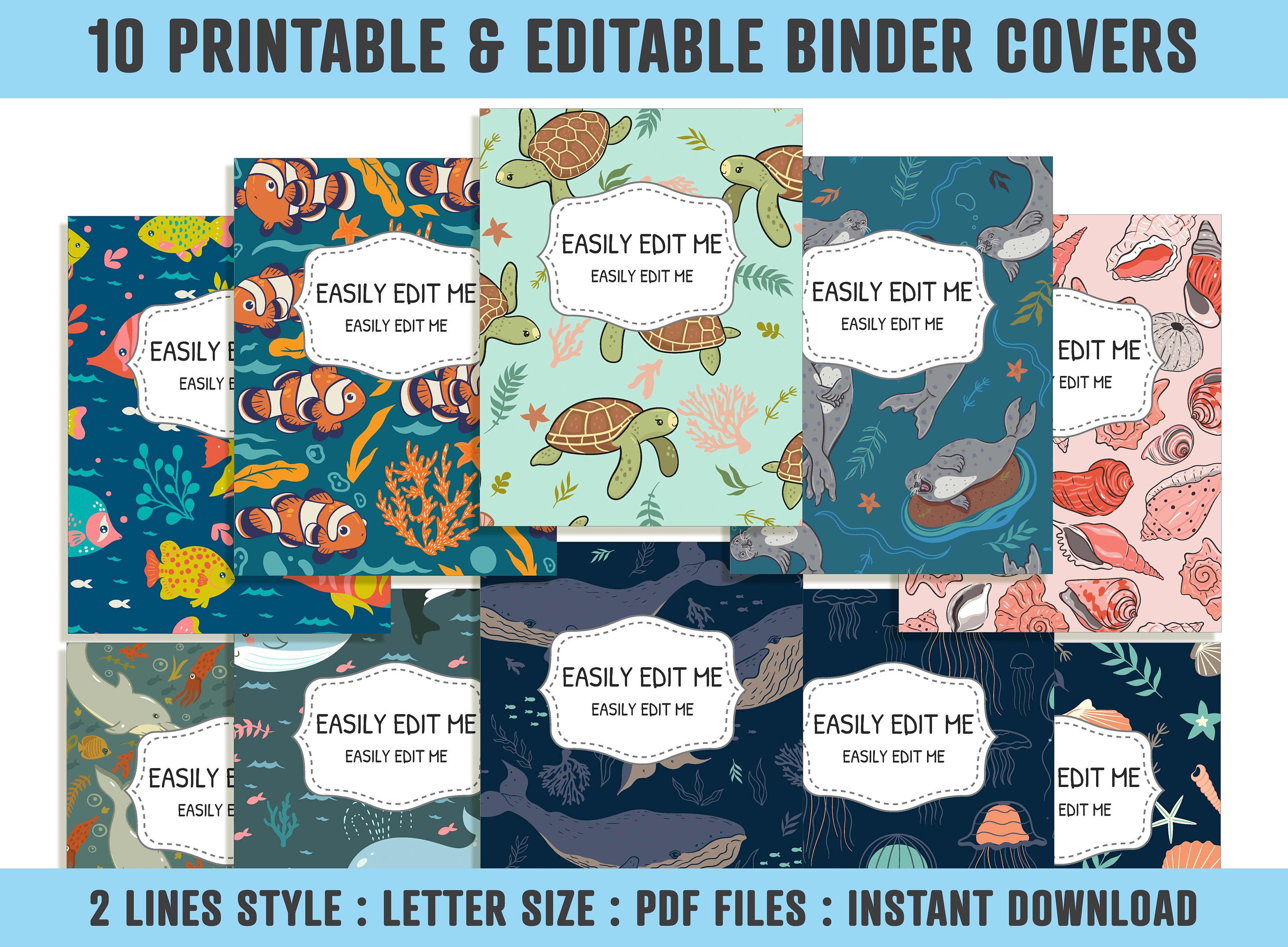 Sea Life Pattern Binder Cover, 10 Printable/editable Binder Covers ...