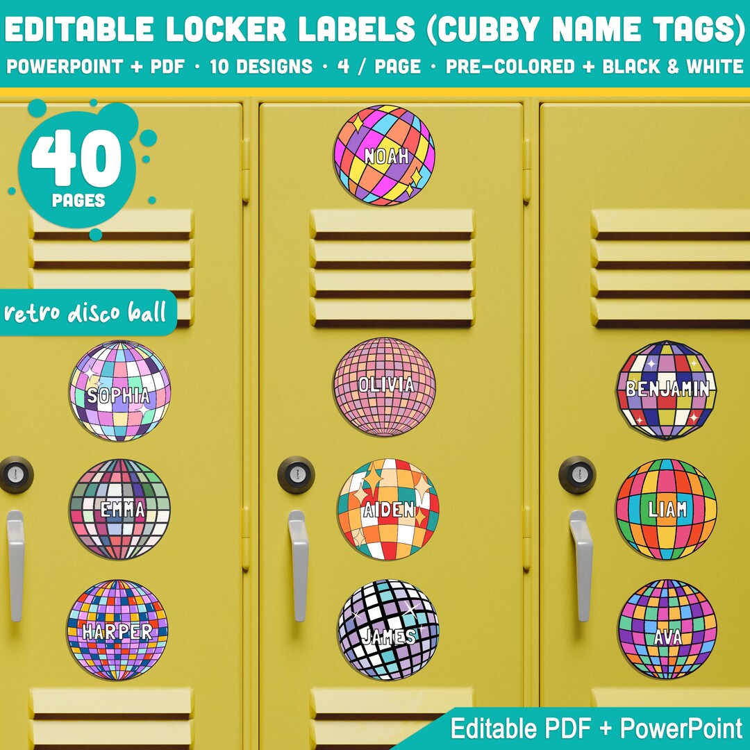 Editable Locker Labels (cubby Name Tags), Retro Disco Ball, 10 Designs ...