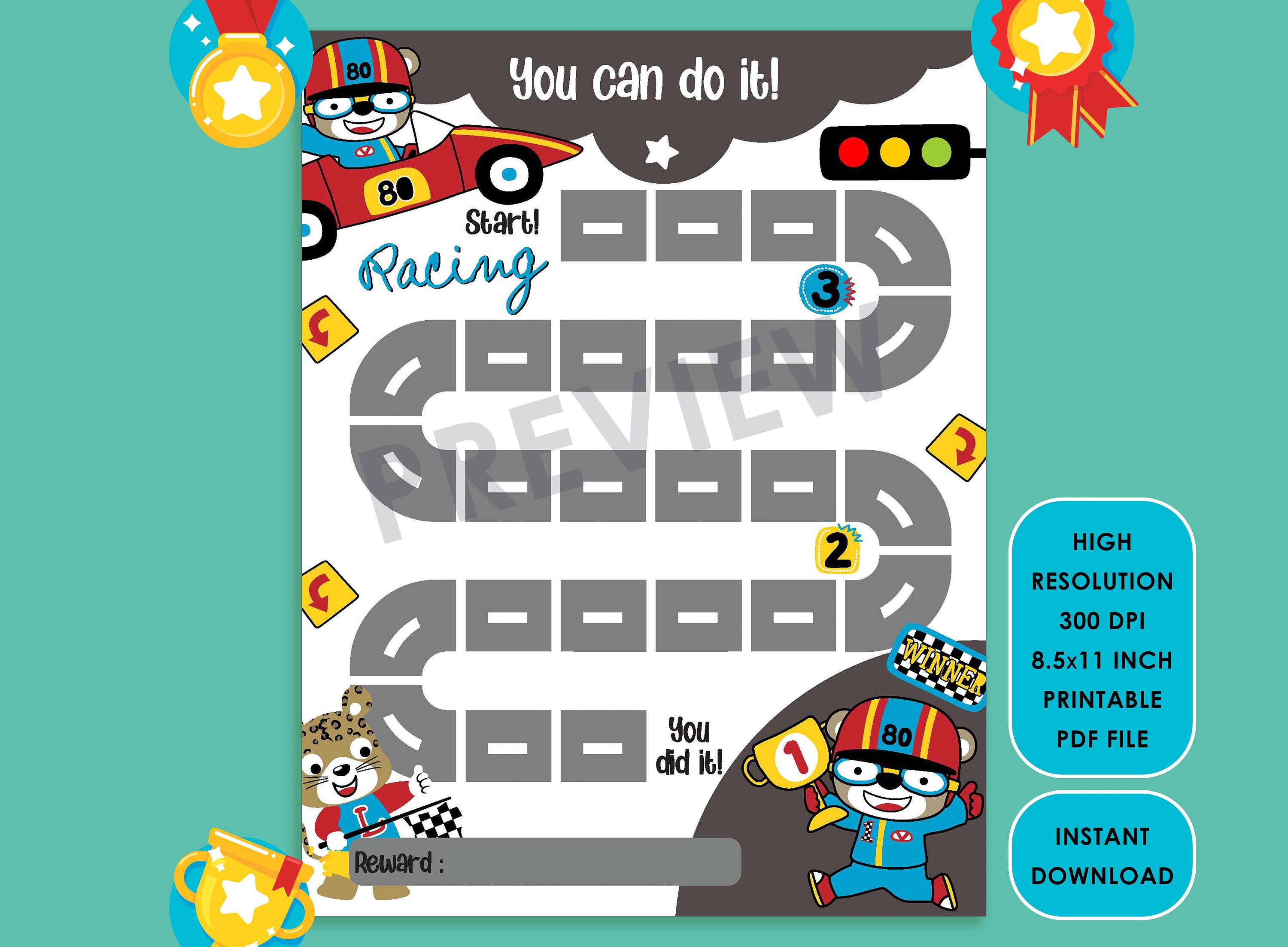 Printable Car Racing and Motorcycle Reward Chart for Kids, Exciting ...