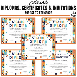 Editable Diplomas for 3rd Grade, Certificates for 1st-8th Grade, and ...
