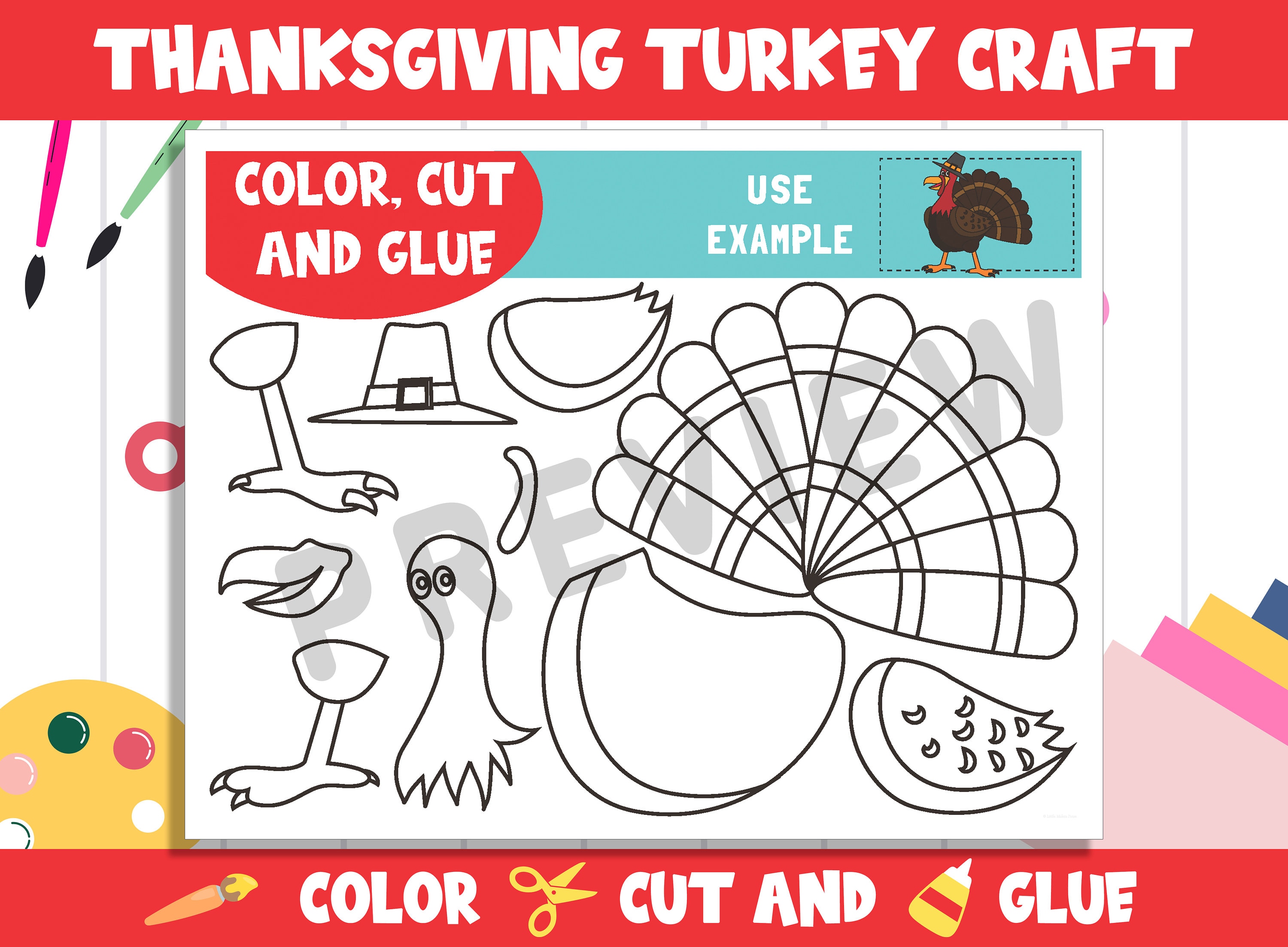 Thanksgiving Turkey Craft Activity - Color, Cut, and Glue for Prek to ...