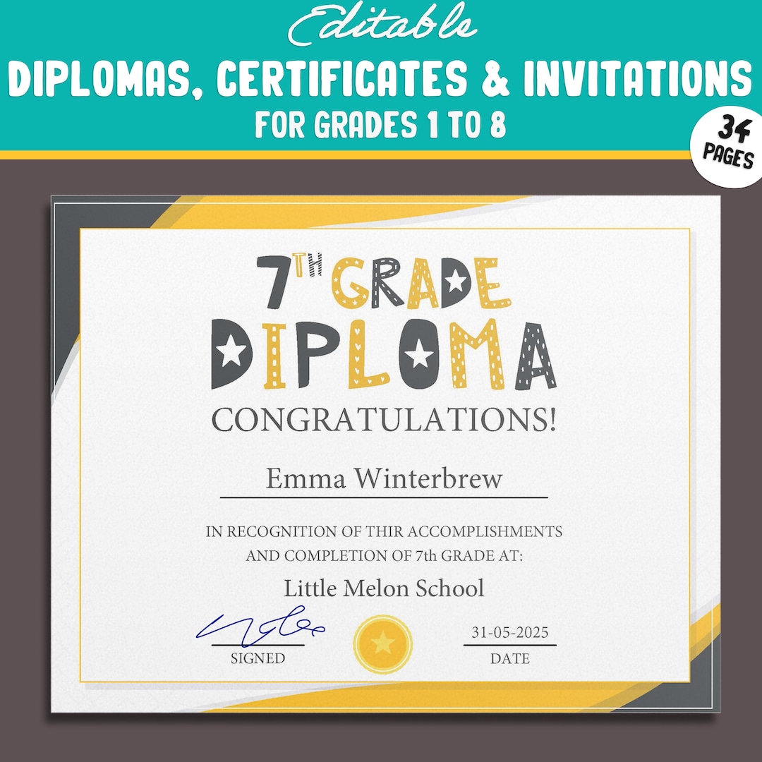 Editable Seventh Grade Diploma, 1st to 8th Grade Diploma, Certificate ...