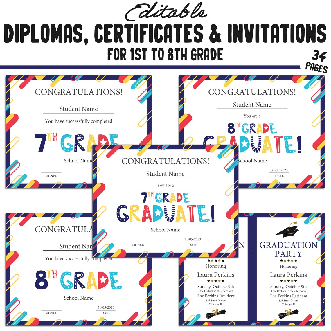 Editable 6th Grade Diplomas, 1st-8th Grade Certificates & Invitation ...