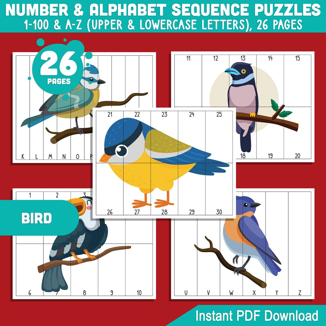 Bird Number and Alphabet Stripe Puzzles: 1-100 Counting and A-Z ...