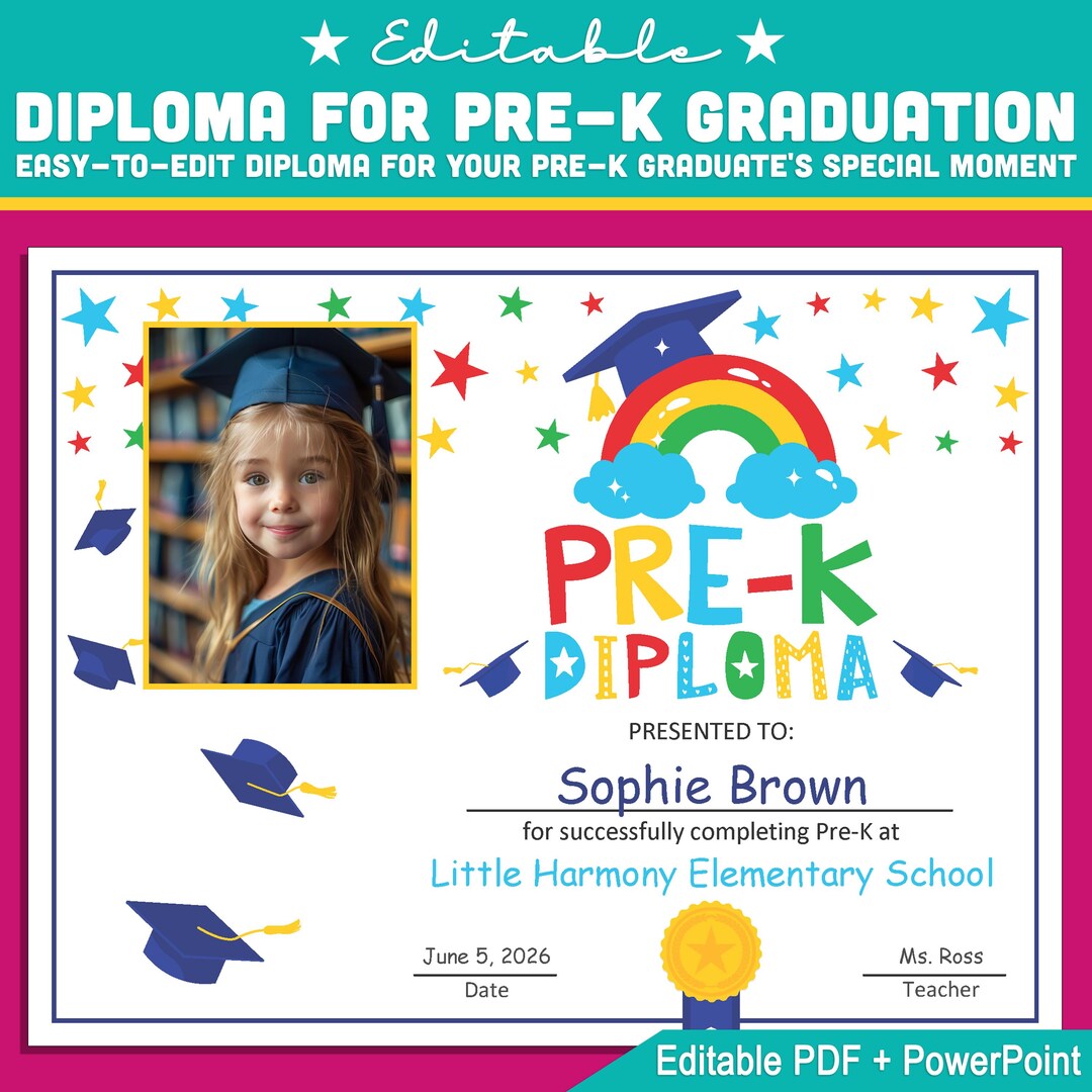 Personalized Pre-k Diploma Template With Photo: Editable Letter Size ...