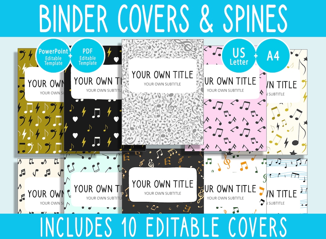 10 Editable Musical Note Binder Covers, Includes 1, 1.5, 2 Spines ...