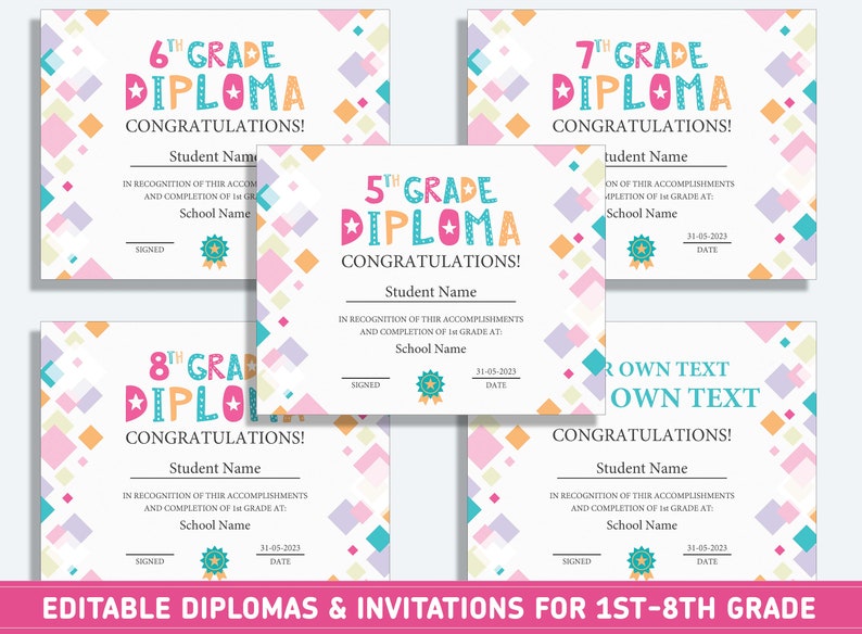 Editable 4th Grade Diploma, 1st to 8th Grade Diploma, Certificate of ...