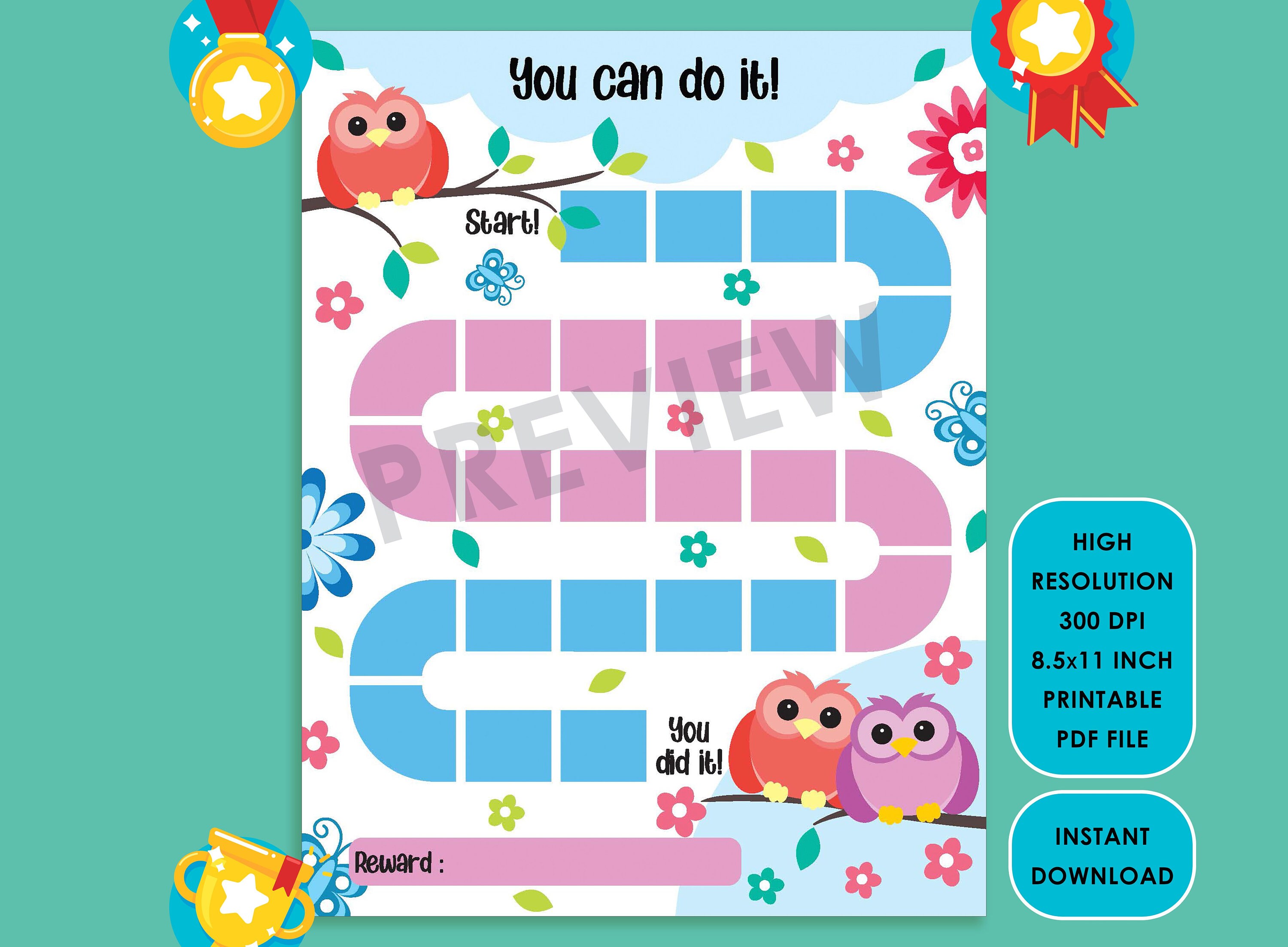 Printable Bird Reward Chart for Kids, Spring Flower Theme With Owl ...
