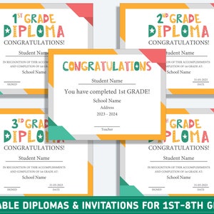 Editable 7th Grade Certificate, 1st to 8th Grade Diploma, Certificate ...