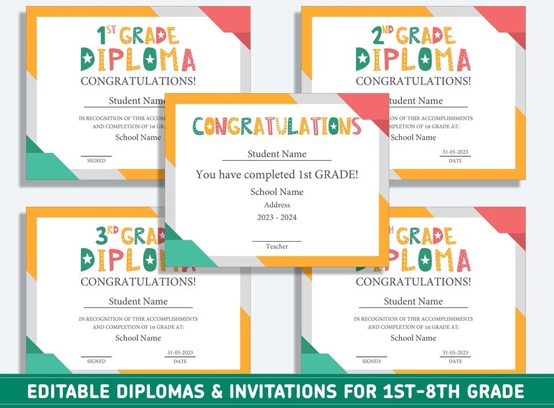 Editable 7th Grade Certificate, 1st to 8th Grade Diploma, Certificate ...