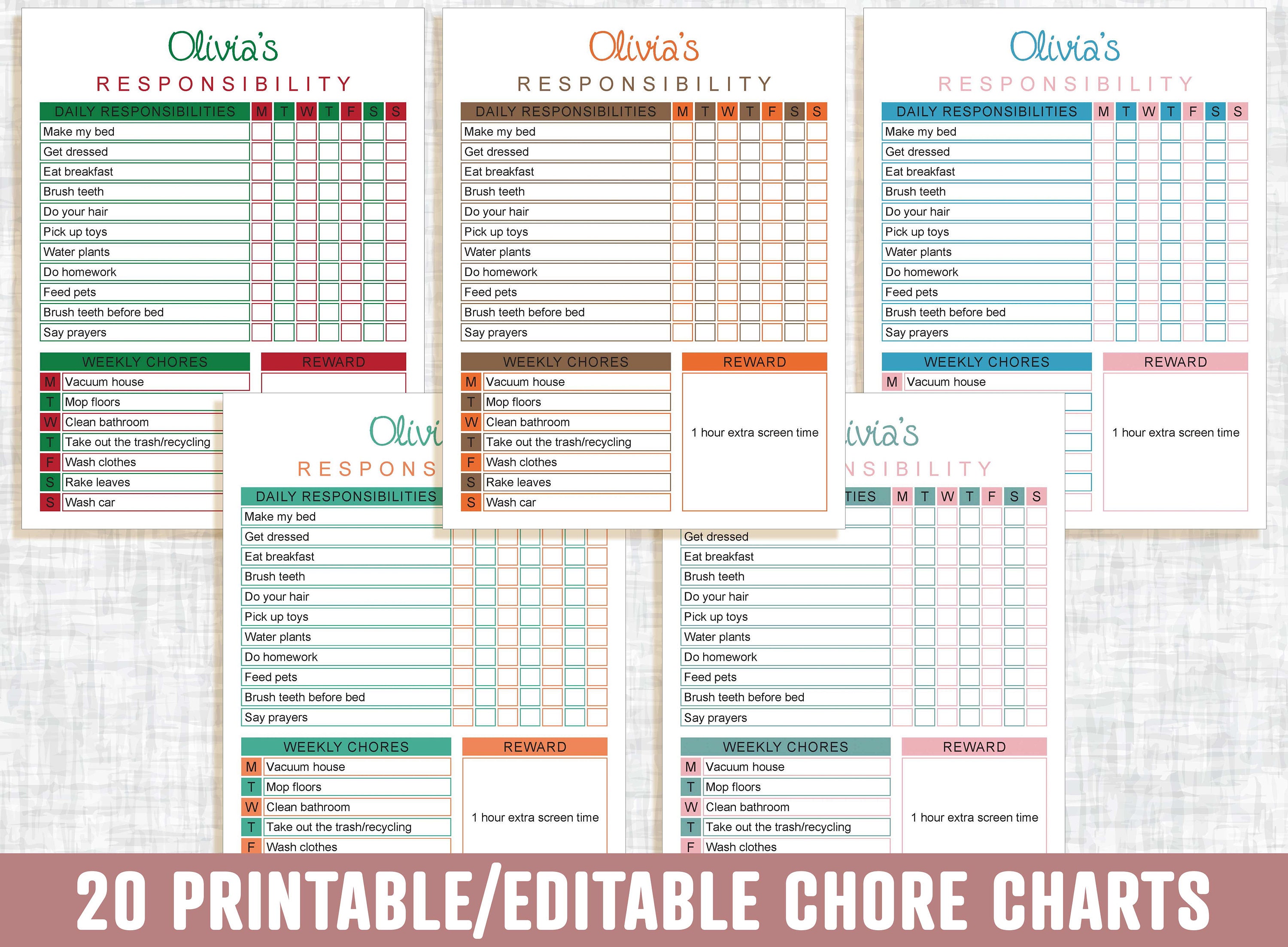 20-page Editable Chore Chart for Kids: Daily/weekly Responsibility and ...