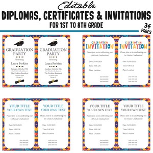 Editable 7th Grade Diplomas, 1st-8th Grade Certificates, and Invitation ...