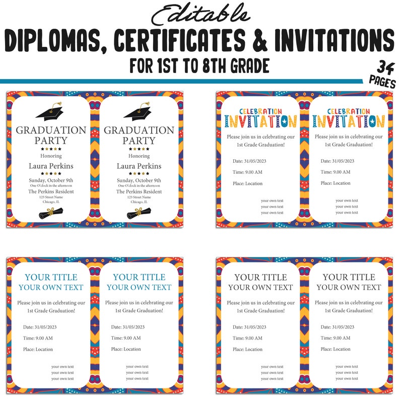 Editable 7th Grade Diplomas, 1st-8th Grade Certificates, and Invitation ...