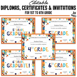 Editable Diplomas for 3rd Grade, Certificates for 1st-8th Grade, and ...