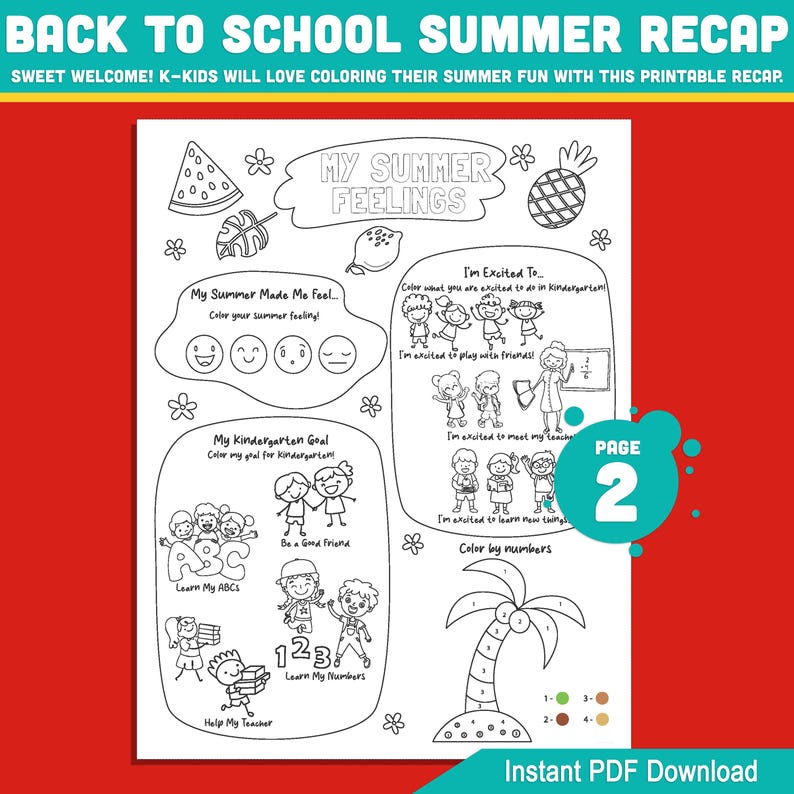 Printable Back to School Summer Recap Coloring Activity - 2 Pages for ...