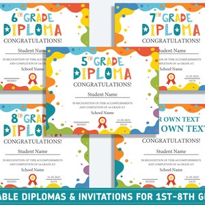 Editable 2nd Grade Graduation, 1st to 8th Grade Diploma, Certificate of ...