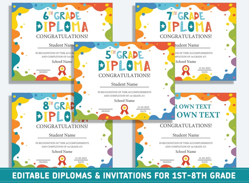 Editable 2nd Grade Graduation, 1st to 8th Grade Diploma, Certificate of ...