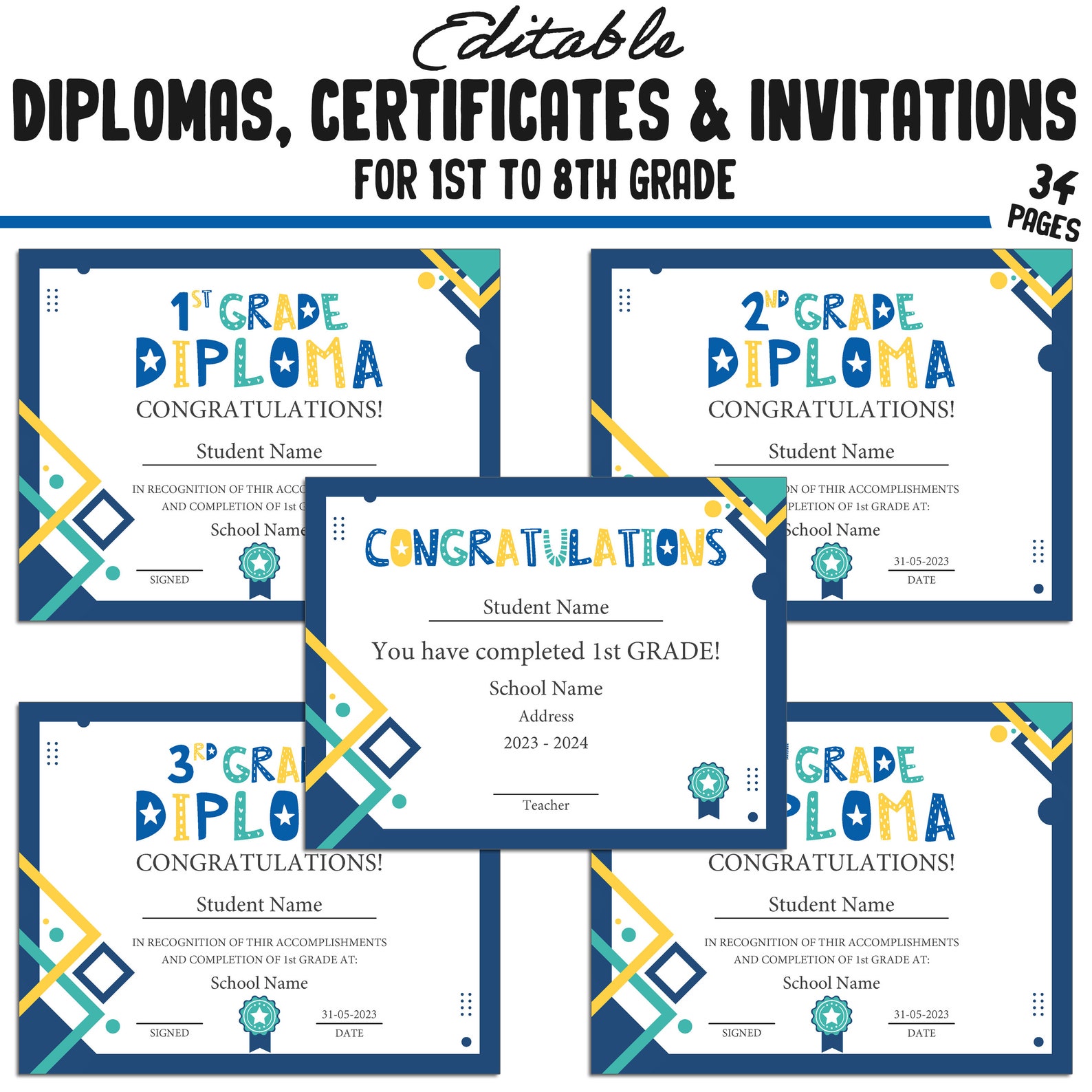 Personalized 2nd Grade Diplomas, 1st-8th Grade Achievement Certificates ...