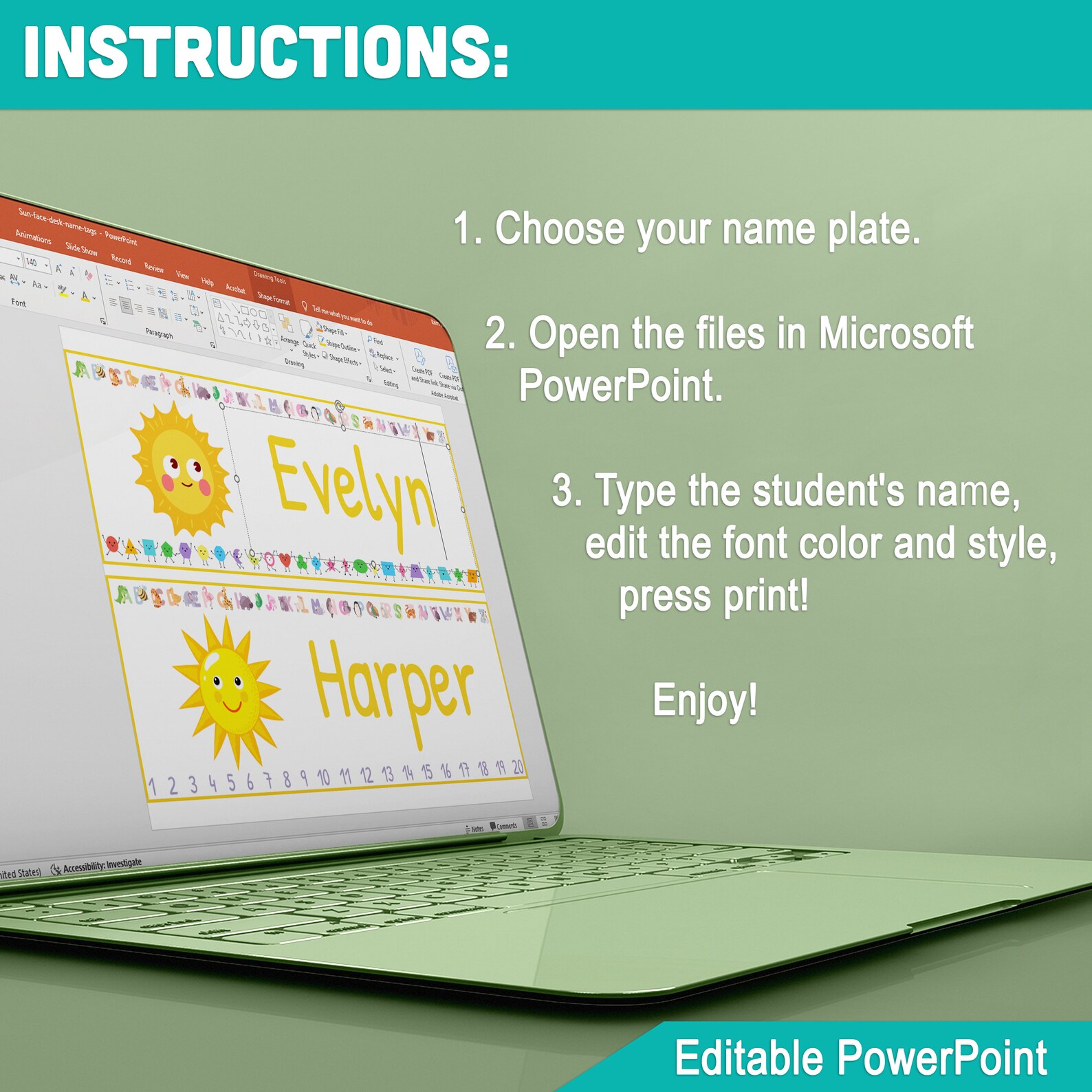Editable Desk Name Tags for Students: Funny Cute Sun, 30 Designs, 8.5 ...