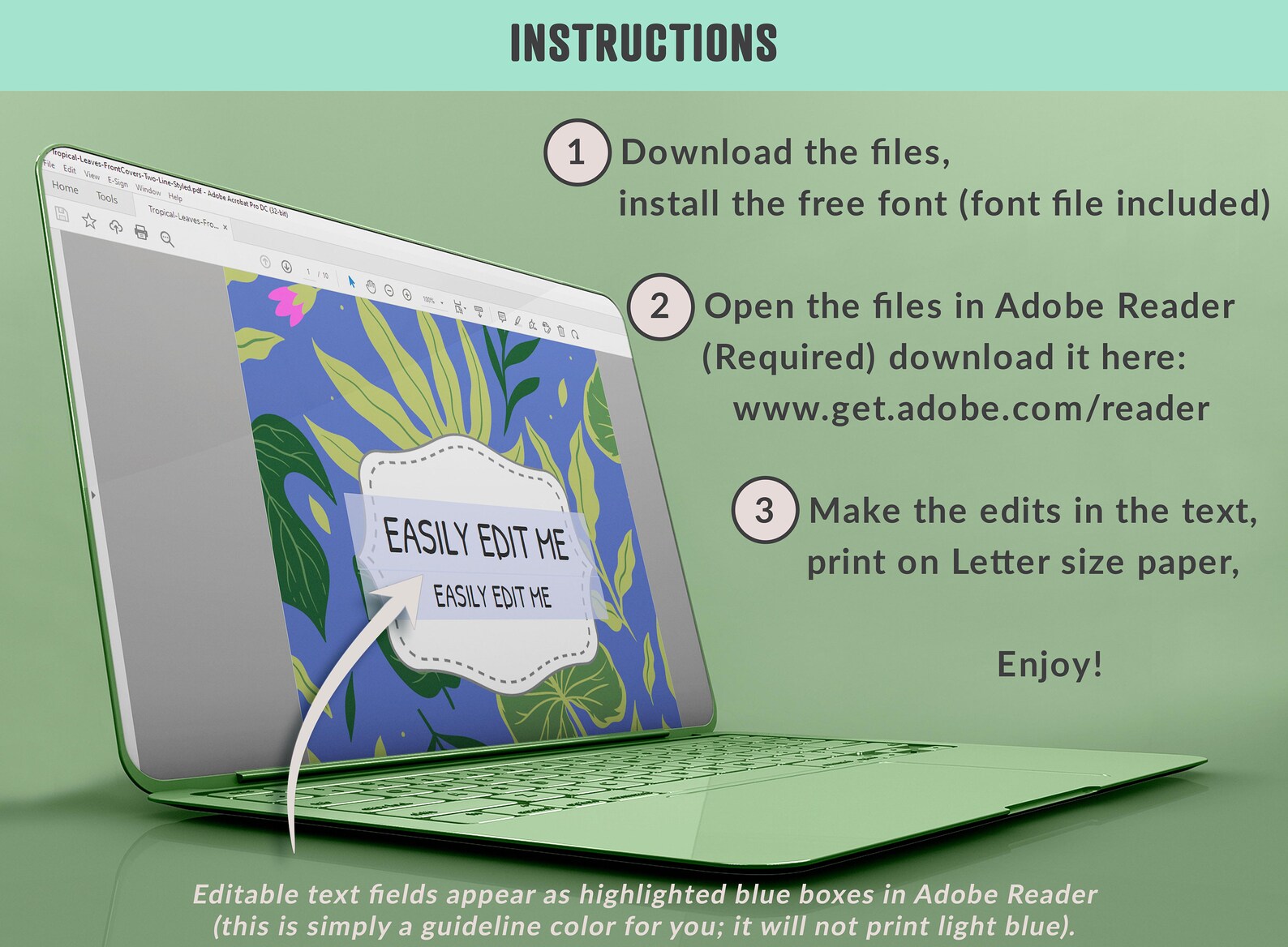 Tropical Leaves Binder Cover, 10 Printable/editable Binder Covers ...