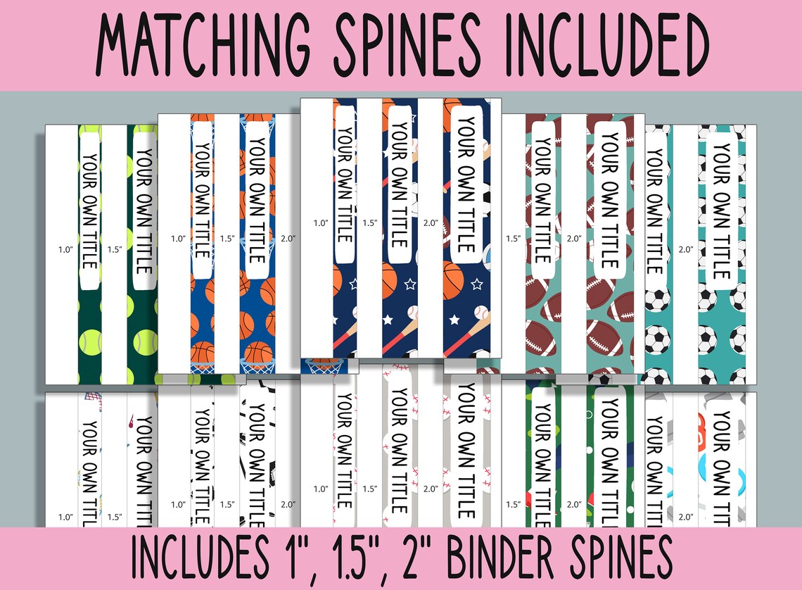 10 Editable Sports Pattern Binder Covers, Includes 1", 1.5", 2" Spines ...