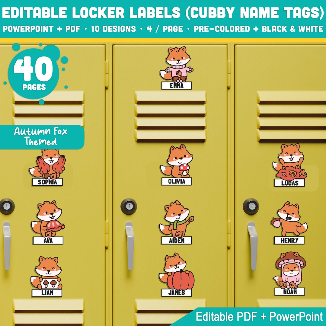 Editable Locker Labels (cubby Name Tags), Cute Autumn Fox Themed, 10 ...