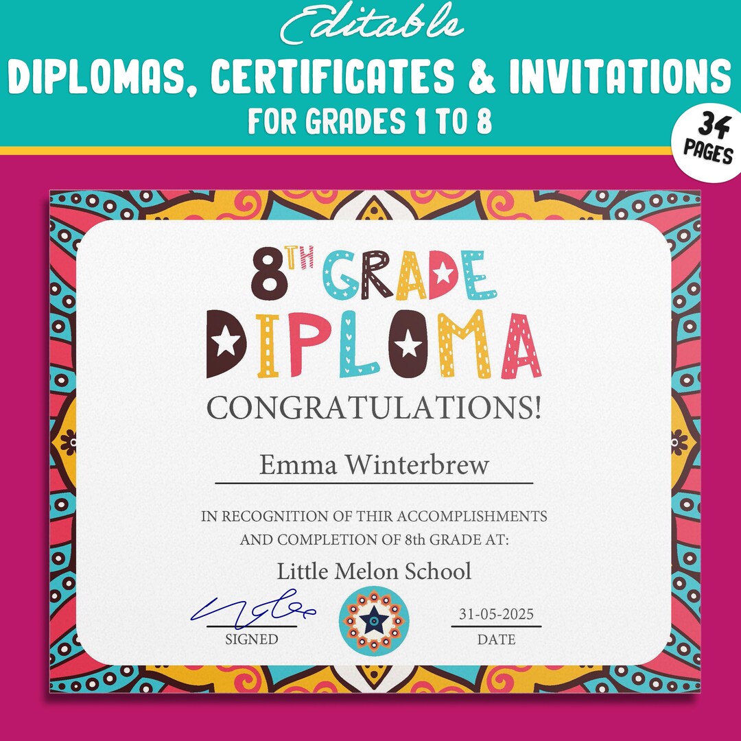 Printable 8th Grade Diplomas, Editable 1st-8th Grade Certificates ...