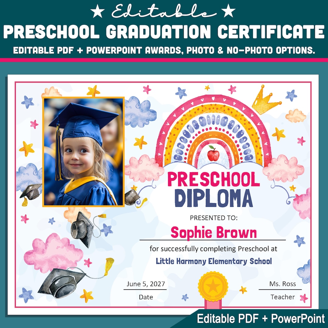 Preschool Graduation Certificate, Editable Rainbow Awards for Ceremony ...
