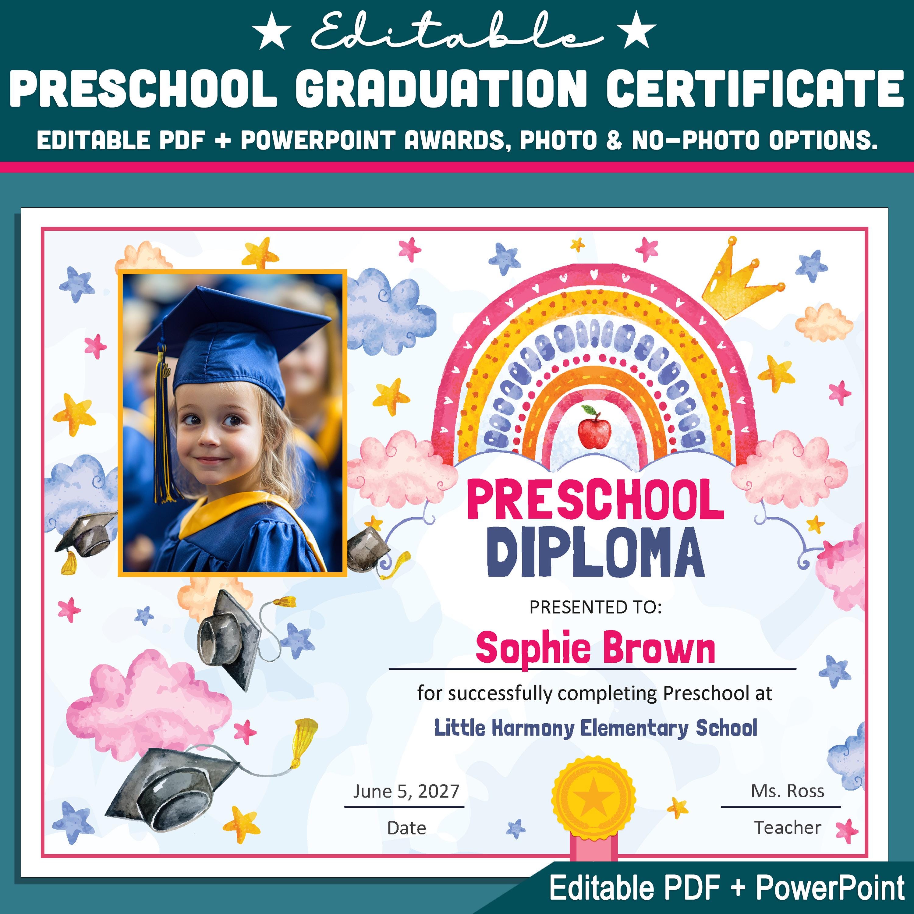 Preschool Graduation Certificate, Editable Rainbow Awards for Ceremony ...