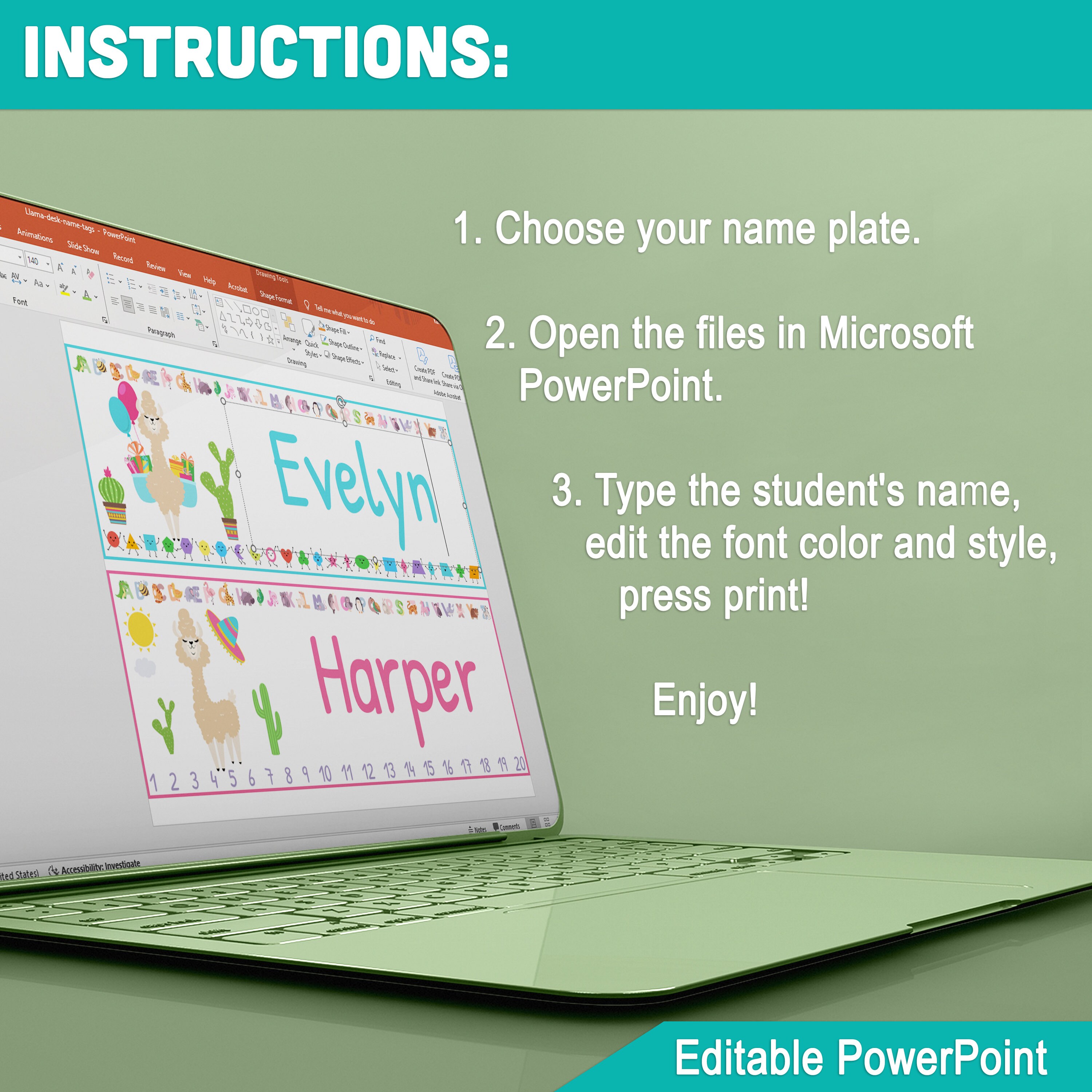 Editable Llama Desk Name Tags for Students: 30 Designs, 8.5x11, 2/page ...