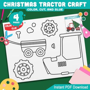 Christmas Tractor With Tree Craft Template: Fun Color, Cut & Glue ...