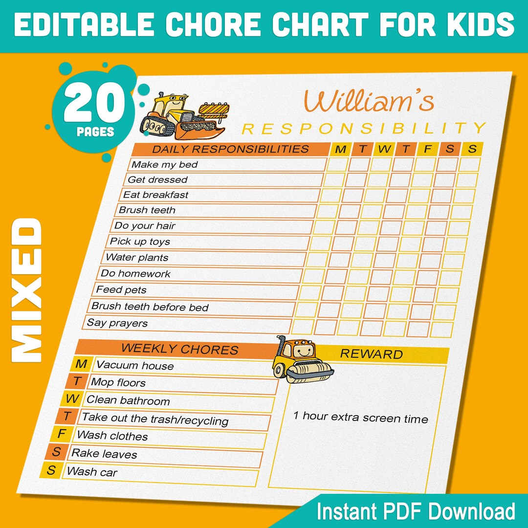 Kids Chore Chart Printable: 20 Editable Responsibility Charts for Daily ...