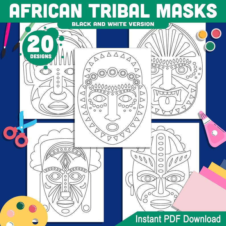African Tribal Masks Printable: 20-page DIY Craft With 10 Designs to ...