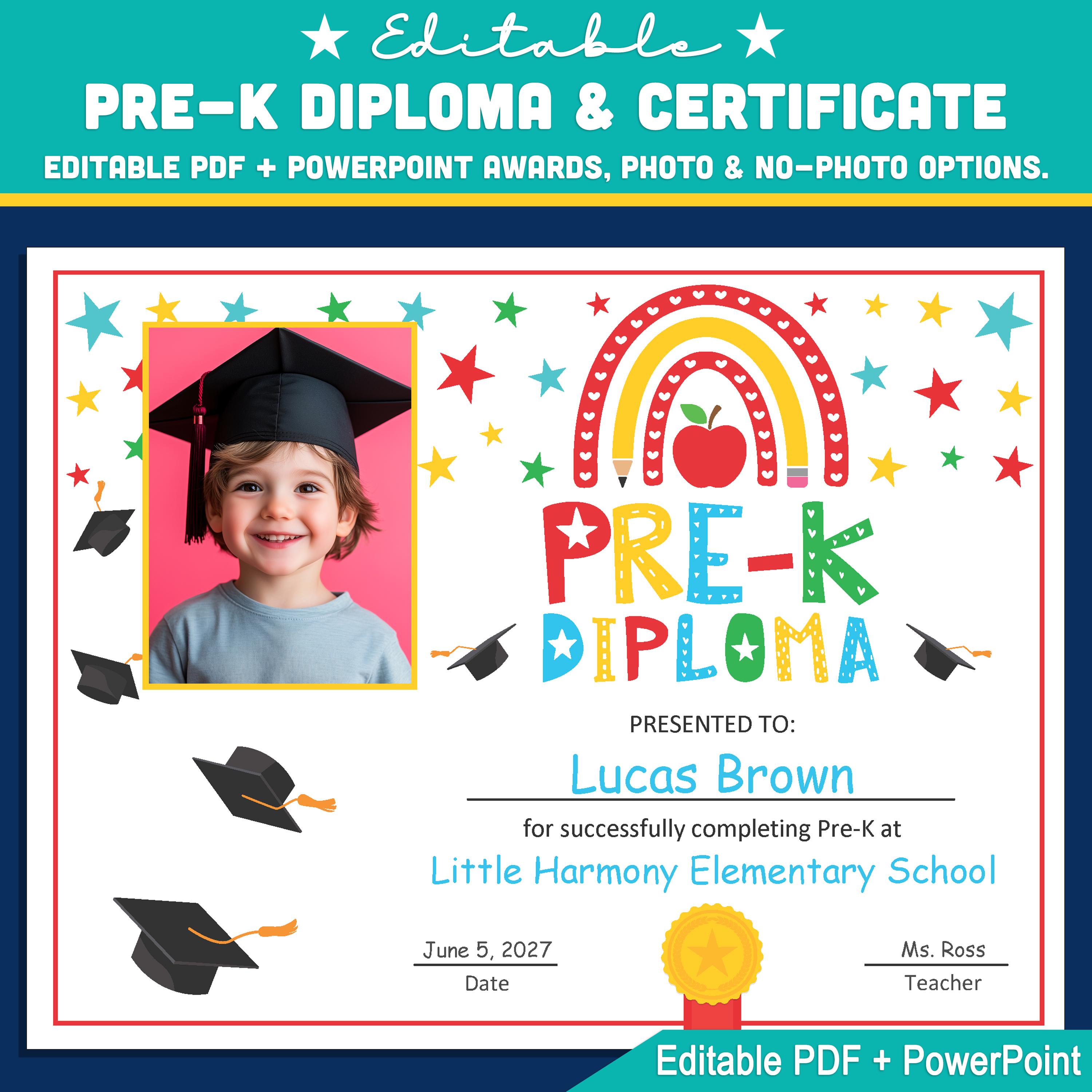 Editable Pre-k Graduation Diploma & Certificate Set, Printable Awards ...
