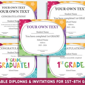 Editable First Grade Award Certificates, 1st to 8th Grade Diploma ...