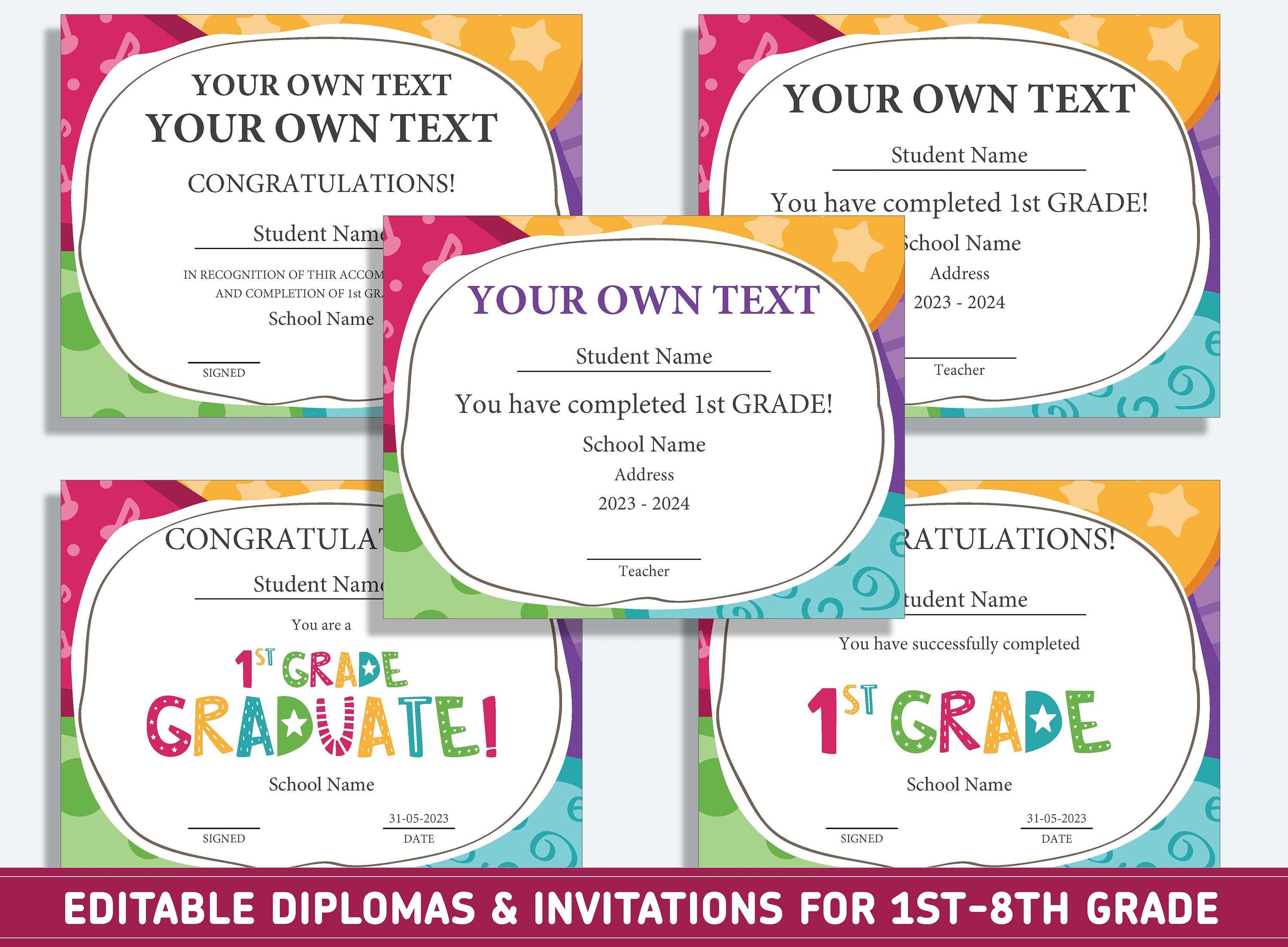 Editable First Grade Award Certificates, 1st to 8th Grade Diploma ...