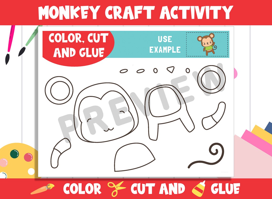 Cute Monkey Craft Activity Color, Cut, and Glue for Prek to 2nd Grade ...