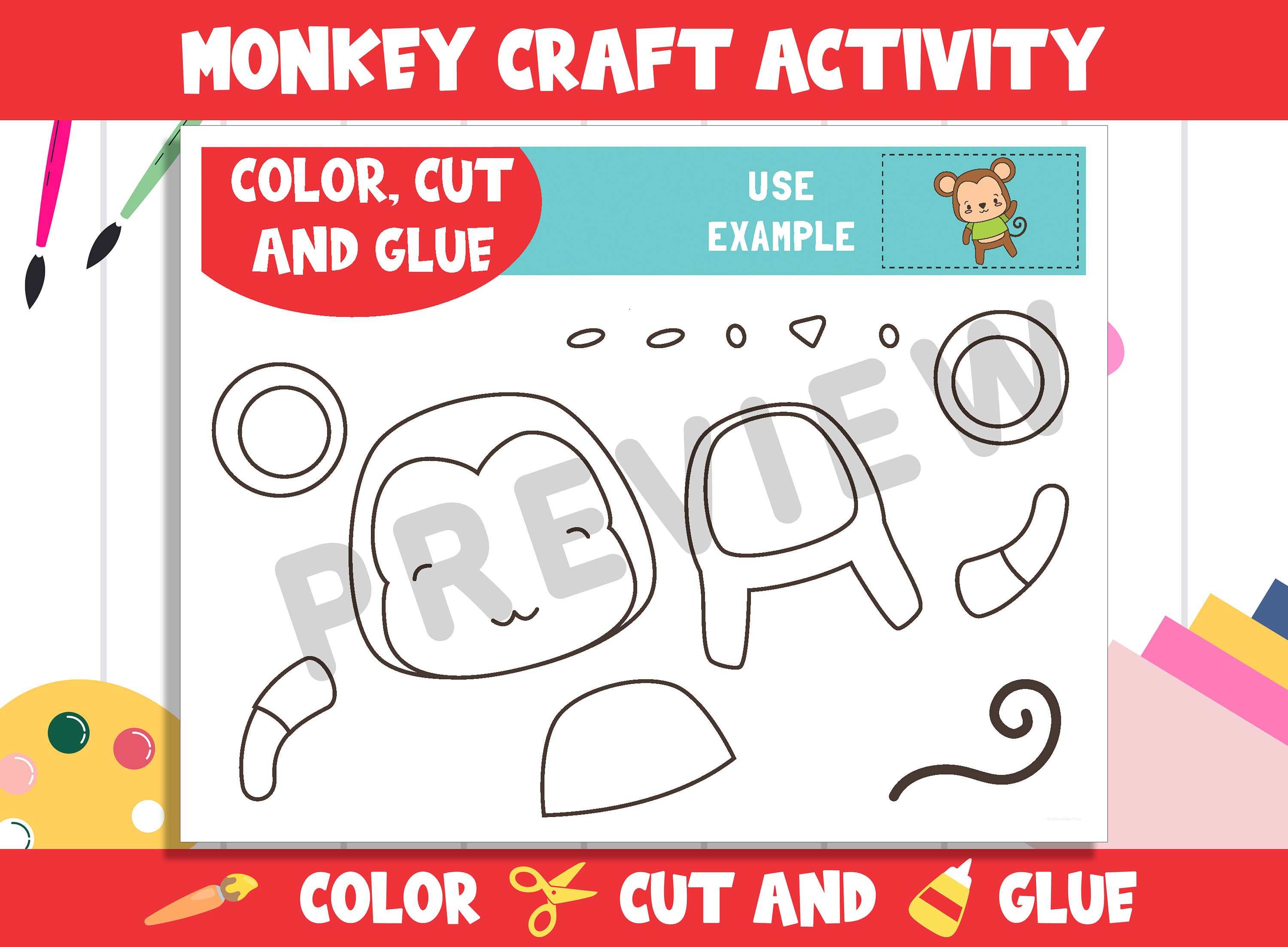 Cute Monkey Craft Activity Color, Cut, and Glue for Prek to 2nd Grade ...