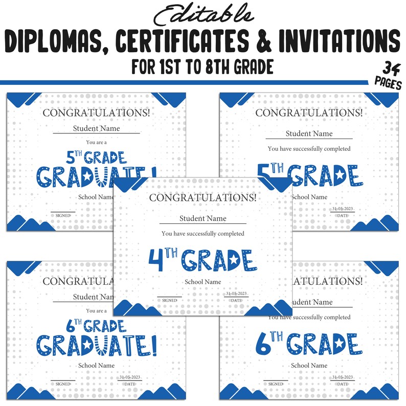 34 First Grade Achievement Diplomas, 1st-8th Grade Certificates, and ...