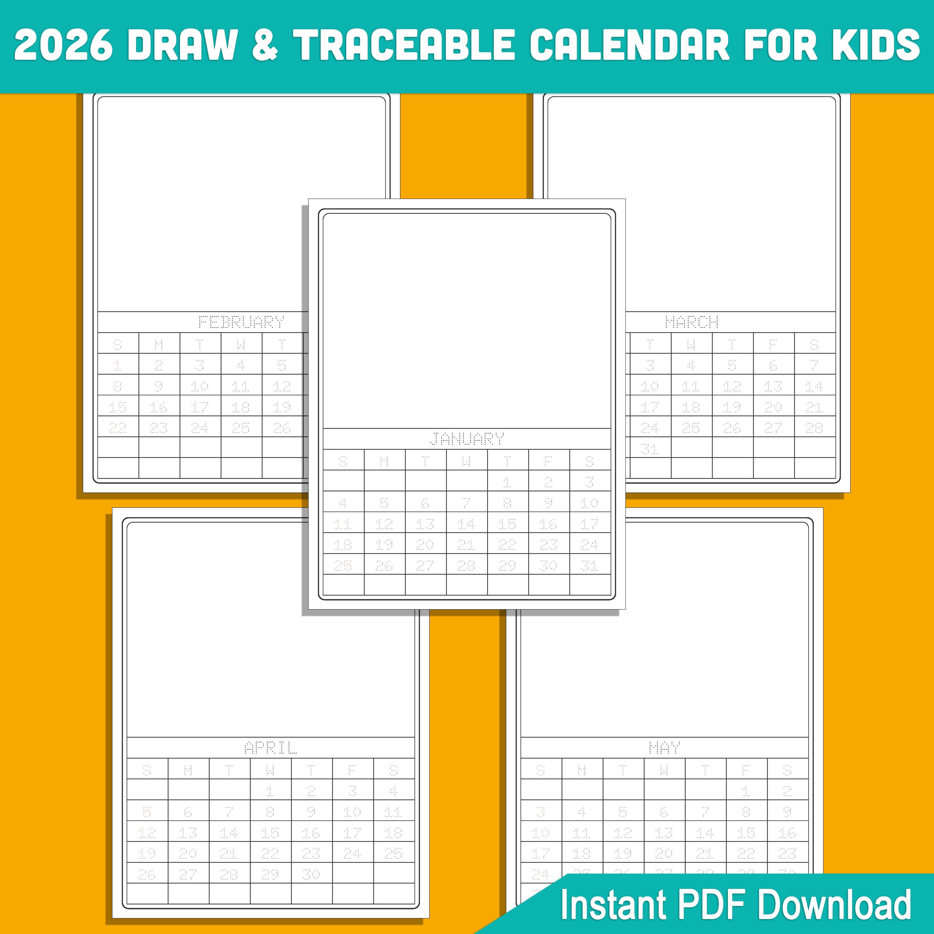 2026 Traceable Calendar for Kids: 12-month Template for Tracing ...