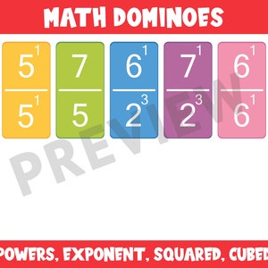 Printable Math Dominoes (powers, Exponent, Squared, Cubed), 55 Cards ...